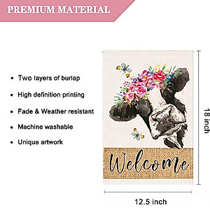 LHSION Spring Cow Garden Flag 12.5 x 18 Inch Welcome Floral Decorative Double Sided Burlap Flag For Spring Summer Farmhouse Yard Seasonal Decor
