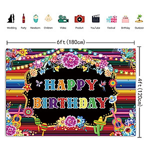 Mexican Birthday Backdrop for Photography Fiesta Themed Party Banners Fiesta Birthday Party Decor Supplies Photo Booth Background (6x4FT: 72x48 inch)