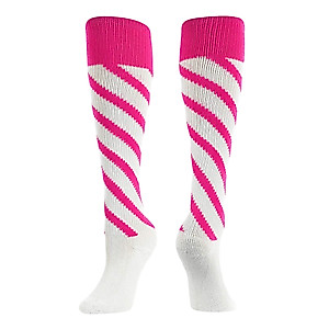 TCK Candy Stripes Knee High softball Socks (White/Hot Pink/Hot Pink, Small)