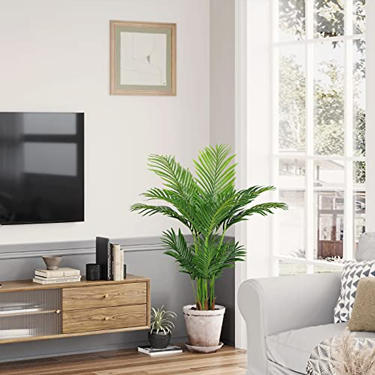 VIAGDO Artificial Kentia Palm Tree 4ft Tall Fake Palm Tree Decor with 15 Trunks Faux Tropical Palm Silk Plant Potted Dypsis Lutescens Plants for Modern Home Office Floor Corner Decor Indoor, 2 Pack