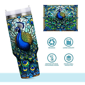 RPLIFE Peacock Stained Glass 40 Oz Tumbler with Handle, Stainless Steel Tumbler with Straw, Coffee Tumbler for Women