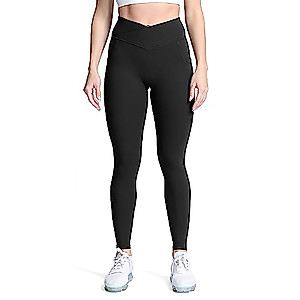 Aoxjox Trinity High Waisted Yoga Pants with Pockets for Women Tummy Control Cross-Waist Buttery Soft Crossover Workout Leggings (Black V-Waist, Medium)