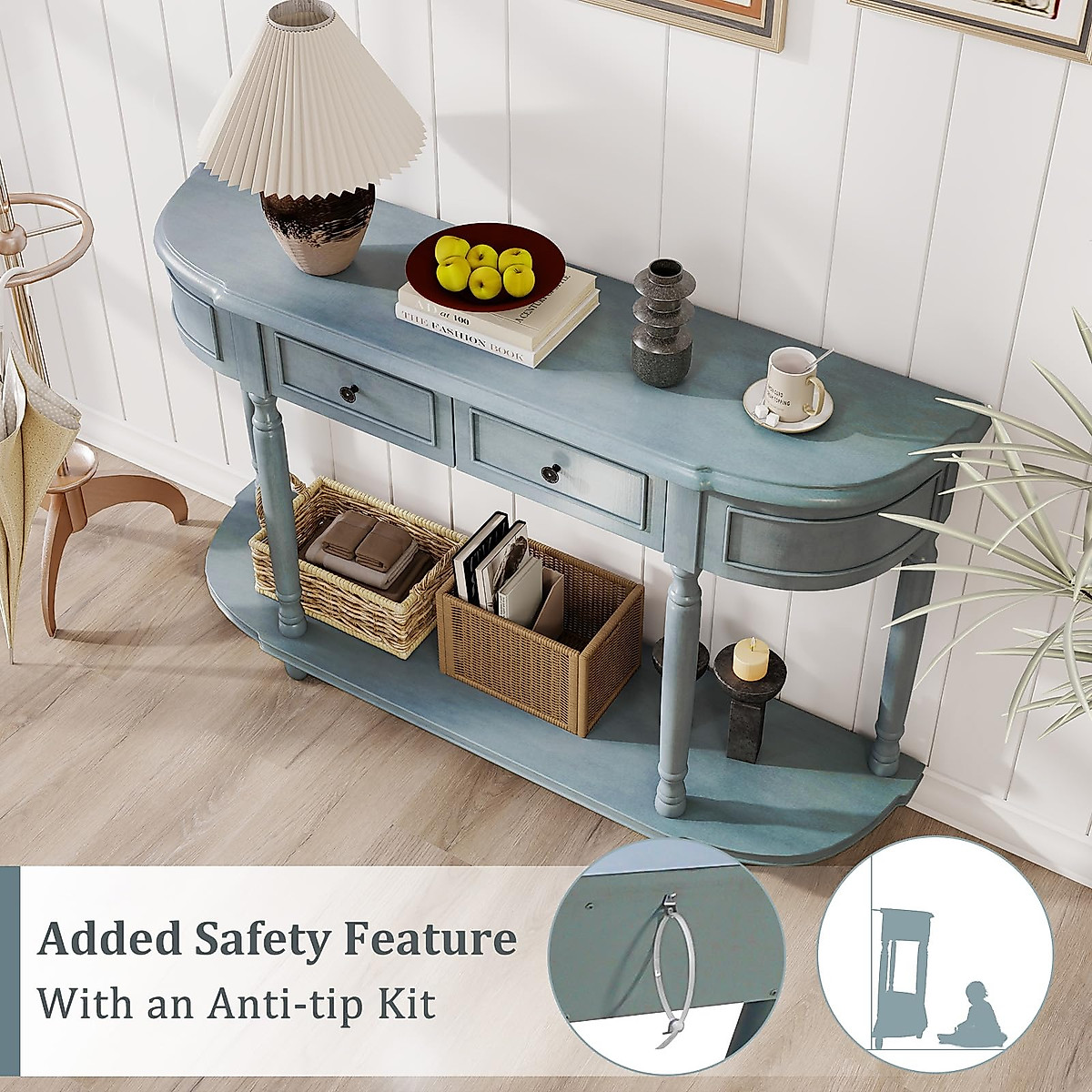 Giantex Console Table with Storage, 52” Long Sofa Table with 2 Drawers, Open Shelf, Solid Wood Legs, Narrow Entryway Table, Vintage Behind Couch Entry Table for Living Room Hallway, Foyer