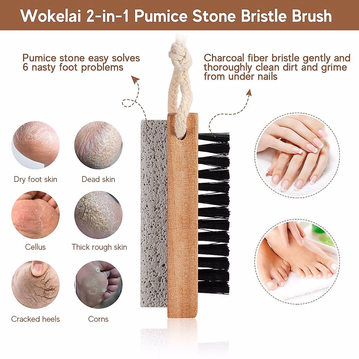 Foot Scrubber Brush with Pumice Stone for Feet Hands, Wooden Cleaning Fingernail Scrub Brush, Finger Toes Nails Cleaner Brushes with Stiff Bristles for Scrubbing Fingernails 2 in 1 Manicure Pedicure