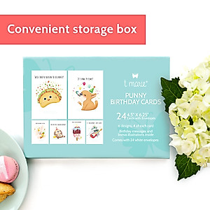 T MARIE 24 Funny Birthday Cards Bulk - Birthday Cards for Kids, Students, Friends and More - Assortment of Punny Pun Greeting Cards with Envelopes and Birthday Message Inside