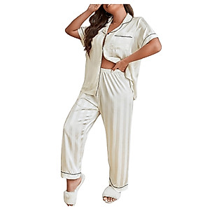 OYOANGLE Women's Plus Size Satin Pajama Set Silky Short Sleeve Button Down Tops and Pants Sleepwear Loungewear White 3XL