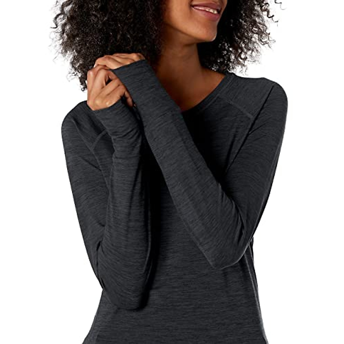 Amazon Essentials Women's Brushed Tech Stretch Long-Sleeve Crewneck Shirt (Available in Plus Size), Black/Space Dye, Large