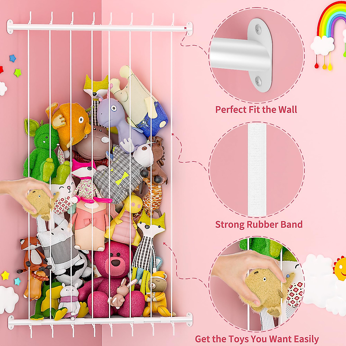 Stuffed Animal Storage Wall, Corner Plush Toys Holder with Star Pattern, Hanging Toy Organizer Shelf for Nursery Bedroom Kid Room Decor Organization