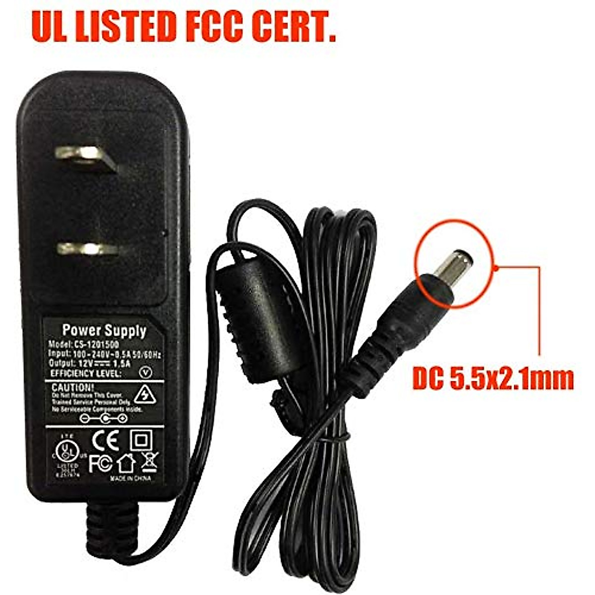 AC to DC 12V 1.5A Power Supply Adapter, Barrel Plug 5.5mm x 2.1mm for CCTV Security Cameras UL Listed FCC