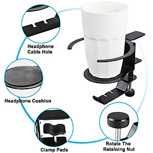 LBTING Desk Cup Holder, 2-in-1 Adjustable & 360° Rotating Office Gaming Desk Accessories for Under Desk Headphone Stand Hanging Headset, Holding Coffee Mug, Drinks, Water Bottle – Black