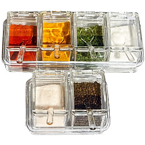 Six Compartment Condiment & Spice Box Serving Set with Spoons - 2 & 4 Section Seasoning Storage Container Rack Combo Set with Removable Cruet Jars (5.75 oz capacity each) | by ImpiriLux