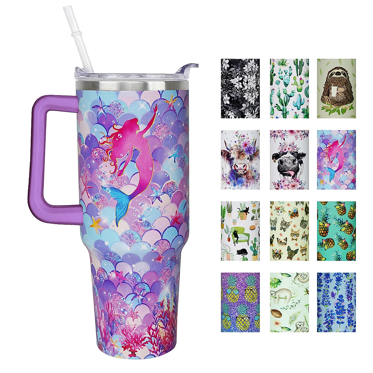 sgqjdpmc 40 oz Mermaid Tumbler with Handle and Straw Lid 40oz Mermaid Themed Gifts Steel Insulated Travel Coffee Cup