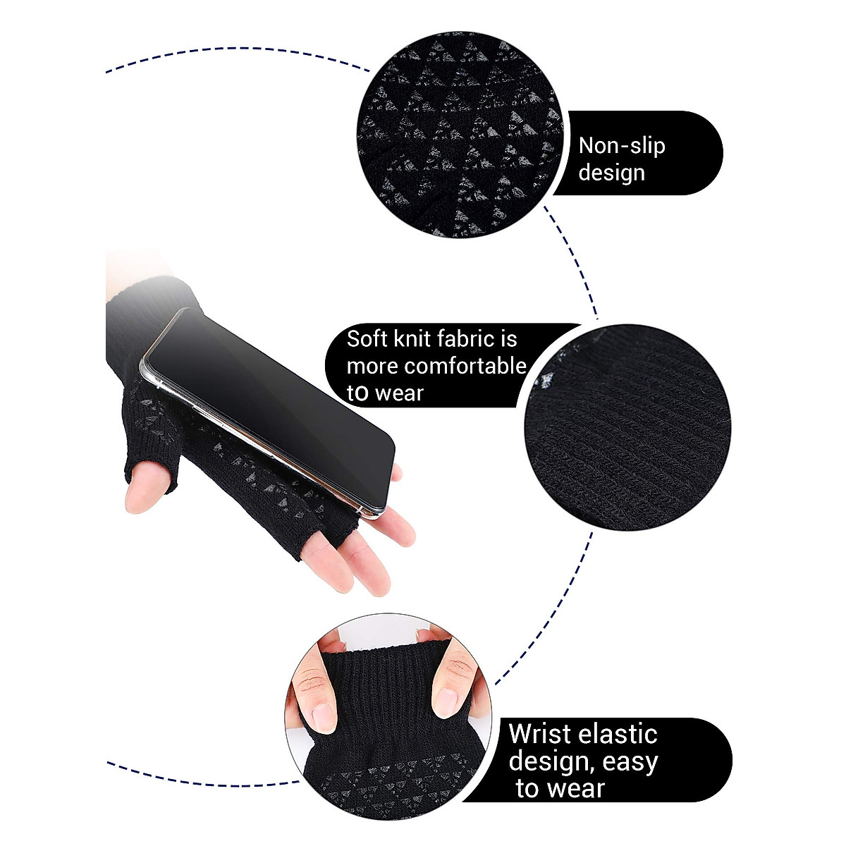 4 Pairs Unisex Winter Half Finger Knit Gloves Stretchy Non-Slip Winter Warm Knitted Fingerless Gloves (Black)