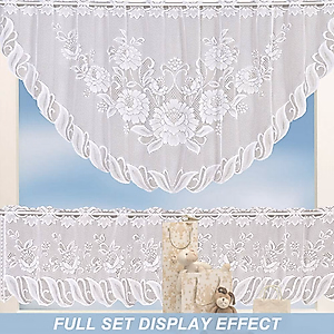 WUBODTI White Lace Swag Valance Curtains for Living Room Kitchen Windows, Sheer Embroidery Floral Window Valances Hollow Knitted Scalloped Curtain for Dinning Room Cafe, 63" Wx24 H