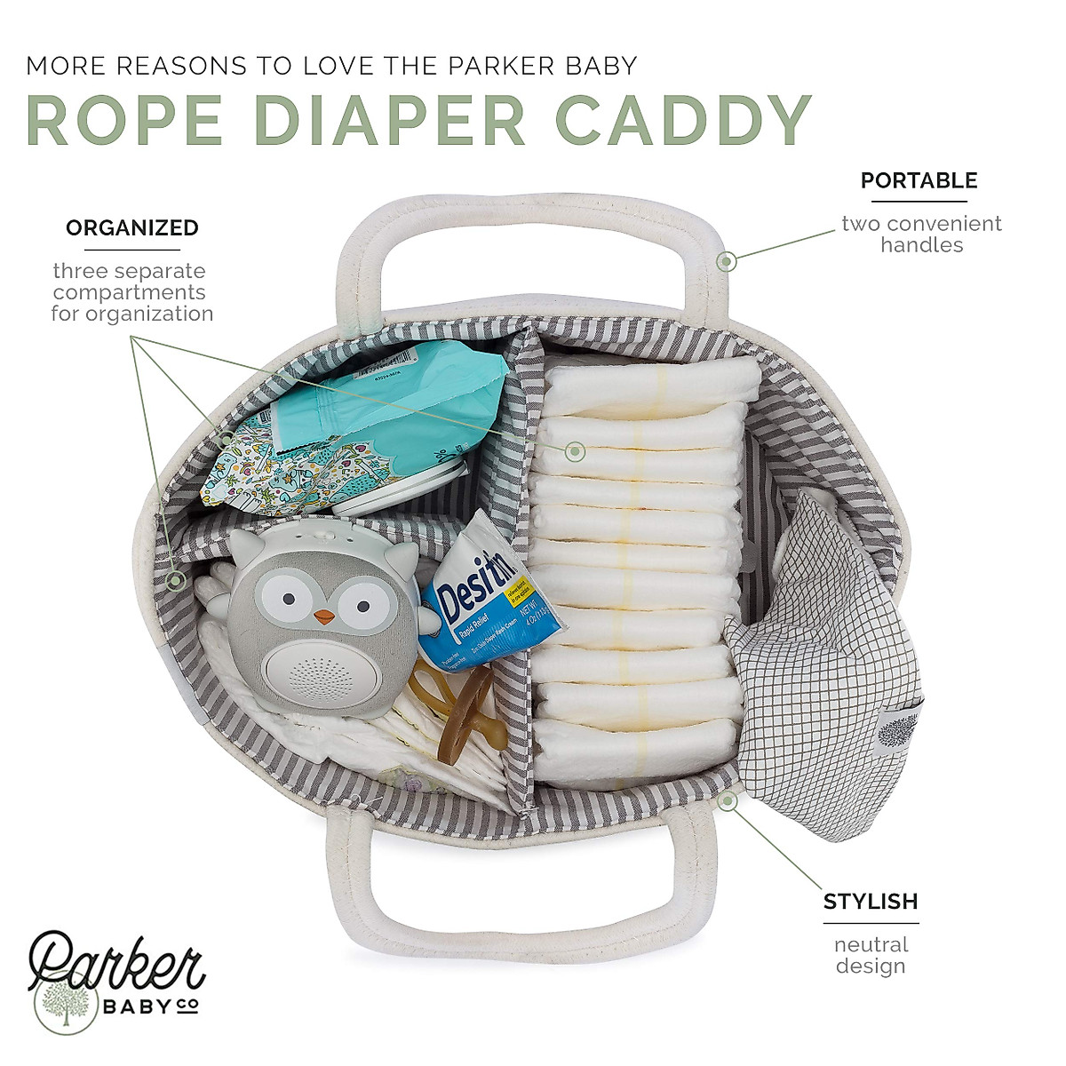 Parker Baby Rope Diaper Caddy Organizer - Nursery Storage Bin and Car Organizer for Diapers and Baby Wipes - Diaper Organizer for Baby Essentials, Baby Shower Gifts - Gray