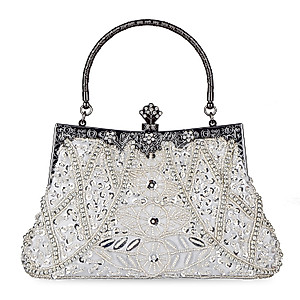 Fashion Vintage Style Handbag Beaded Sequined Evening Bag Wedding Party Handbag Rhinestone Clutch Purse (Silver)