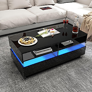 HOMFAMILIA Modern LED Coffee Table w/ 2 Big Storage Drawers,High Glossy 2-Tier Black Coffee Table w/ 60000-Color LED Lights,App Control,Rectangle Center Table w/Open Shelf for Living Room Bedroom