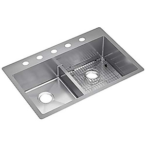 Elkay Crosstown ECTSRA33229TBG5 Equal Double Bowl Dual Mount Stainless Steel Kitchen Sink Kit with Aqua Divide