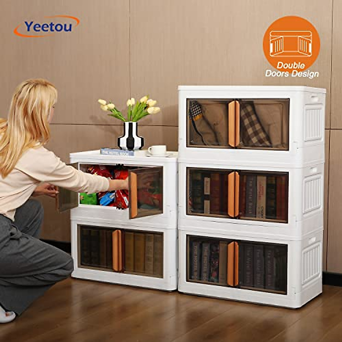 Storage Bins with Lids - 5 Packs Collapsible Storage Bins with Wheels 20 Gal Stackable Plastic Storage Bin Organizer with Double Doors & Secure Buckle, X-Large Storage Containers for Home Organizing Clothes, Clear Tan Color Door(80 Quart/20 Gal)