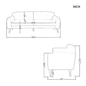 IULULU Velvet Sofa, 75 Inch Mid Century Modern Accent Couch, Upholstered Futon with Wood Legs, Beige