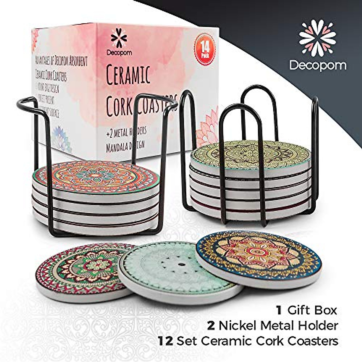 Decopom Drink Coasters Stone Mandala with Holders - 12 Pack Cute Cool Drink Coasters Absorbent Ceramic Round Edge with Cork Base and 2 Black Iron Holders for Apartment Table Bar Mugs Glasses Cup Beer