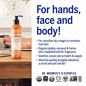 Dr. Bronner's - Organic Lotion (Orange Lavender, 8 Ounce) - Body Lotion and Moisturizer, Certified Organic, Soothing for Hands, Face and Body, Highly Emollient, Nourishes and Hydrates, Vegan, Non-GMO