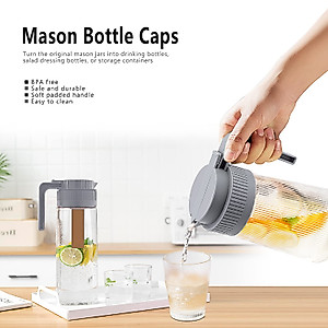 2 Pack Flip Cap Lid with Handle, Sliding Lid & Easy Pour Spout Wide Mouth Mason Jar Lids Reusable, Leak-Proof Seal Spout Mason Jar Pitcher, Grey+Black