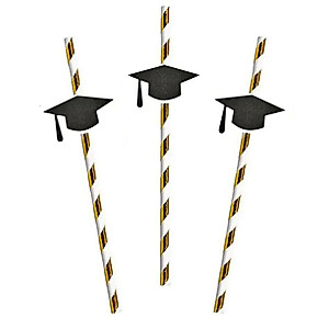 24 Set of Gold Paper Straws with Black Graduation Hat for Graduation Party Decoration (Black2)