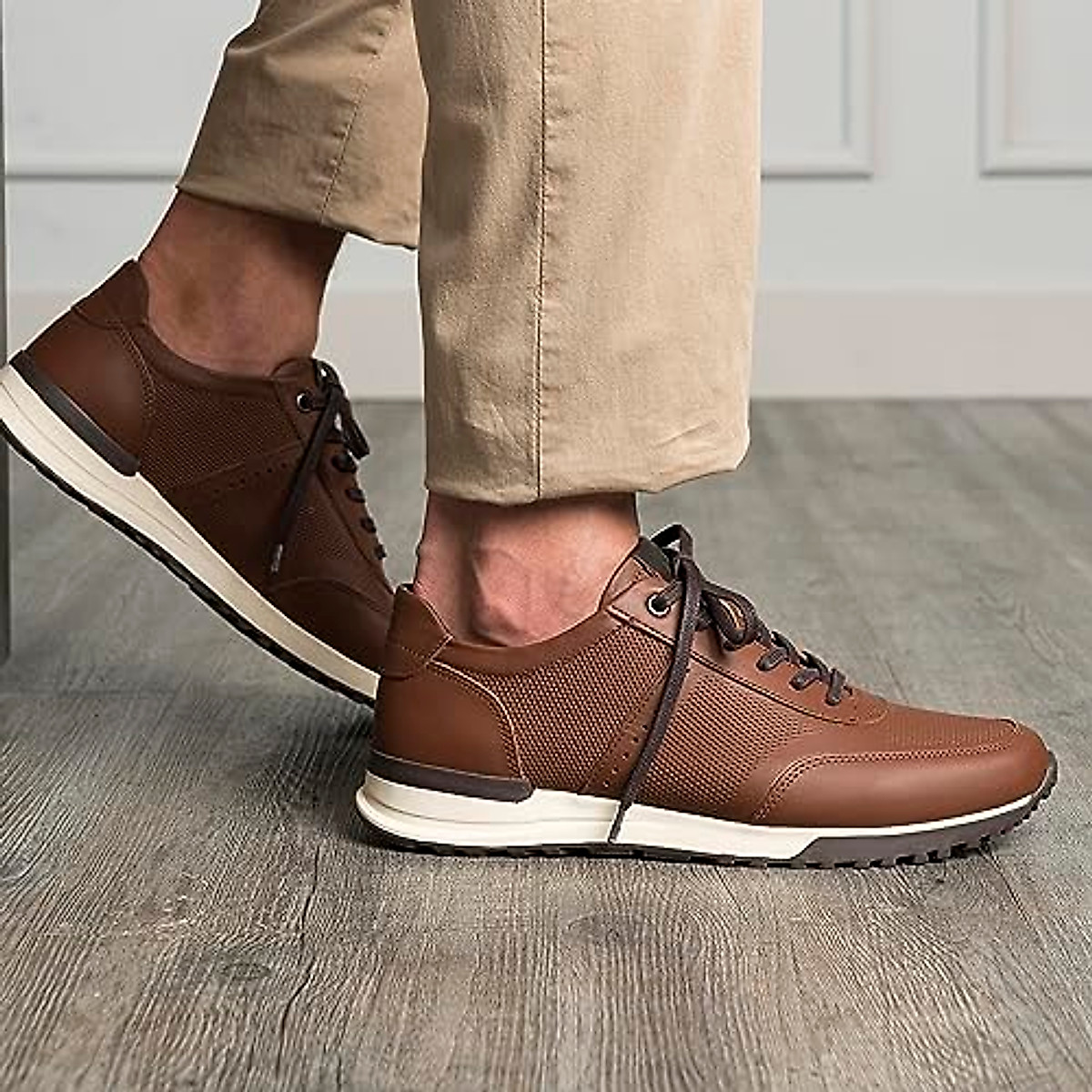 VELEZ 12 Brown Mens Business Casual Sneakers + Top Grain Leather Backpack for Men Black Designer Bookbag Business Casual Shoulder Bag