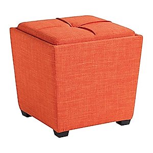 OSP Home Furnishings Ave Six Rockford Square Storage Ottoman with Padded Upholstery and Hidden Serving Tray, Tangerine Fabric