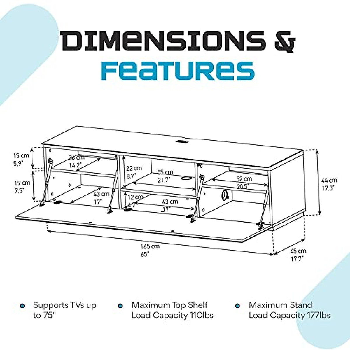 SONOROUS ST-160 Premium TV Stand for Living Room - Luxury Wood & Glass TV Console with 6 Shelves - Modern TV & Media Furniture with Hidden Wheels - Black TV Table Support up to 75" - Walnut Wood Cover