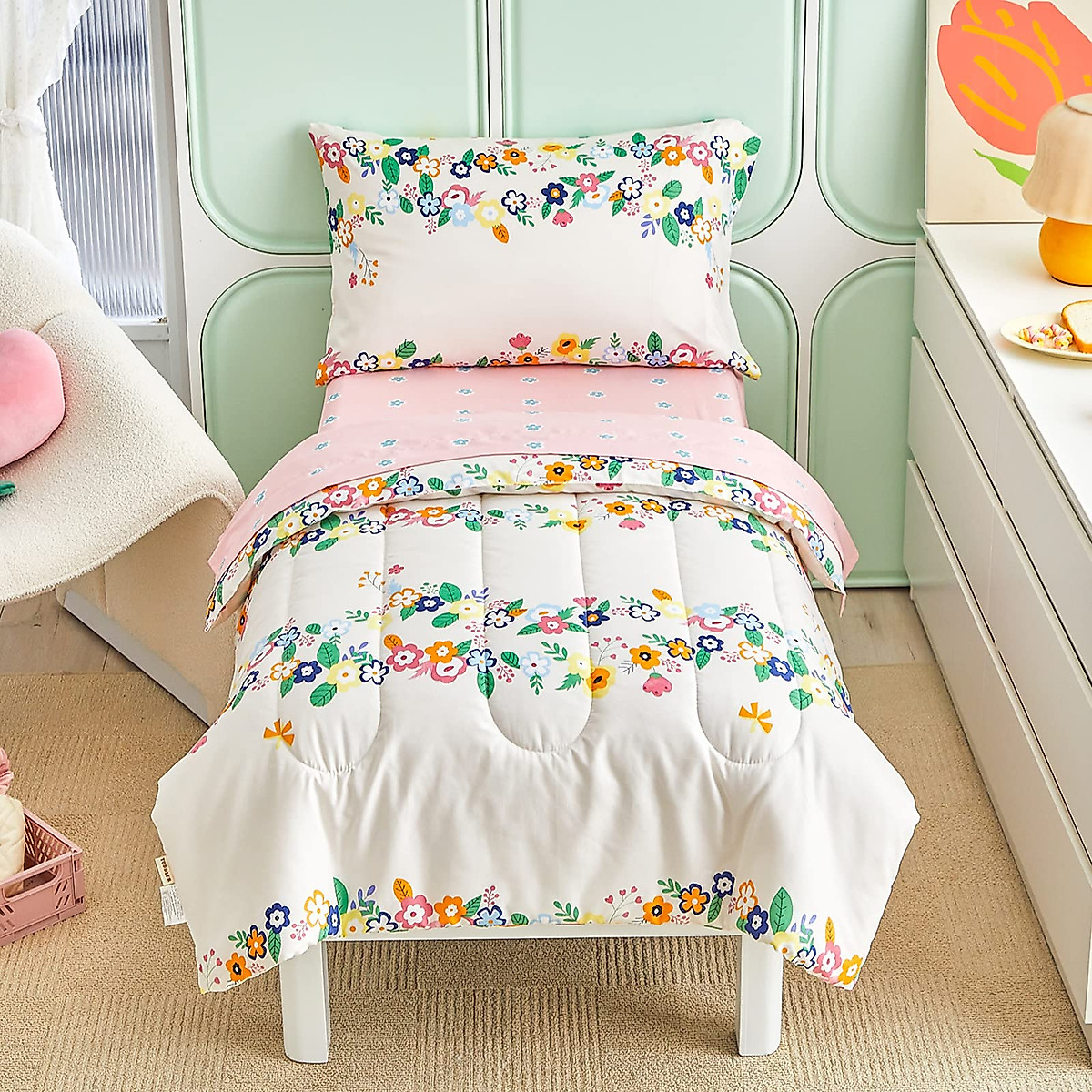 Joyreap 4 Piece Toddler Bedding Set, Floral Strips Design, Ultra Soft Microfiber Toddler Comforter for Kids Boys Girls, Includes Quilted Comforter, Fitted Sheet, Top Sheet, and Pillow Case