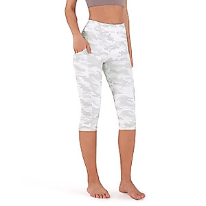 ODODOS Women's High Waisted Printed Yoga Capris with Pocket, Tummy Control Non See Through Workout Sports Running Athletic Capri Leggings, White Camo, Large