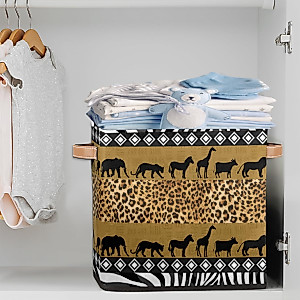 Mardesigns Leopard Print Animal 13 x 13 x 13 Inch Cube Storage Bins Bohemian Fabric Foldable Storage Cubes Basket Boxes with PU Handles for Shelves Closet Bedroom Organizer Clothes