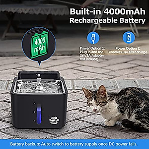 Wireless & Rechargeable Battery Operated Cat Water Fountain, Kastty 108oz/3.2L Larger Quiet Sensor Auto Cat Fountain with Smart 3 Flow Mode+Foodgrade 304 Stainless Steel Dish for Pet Inside or Outdoor