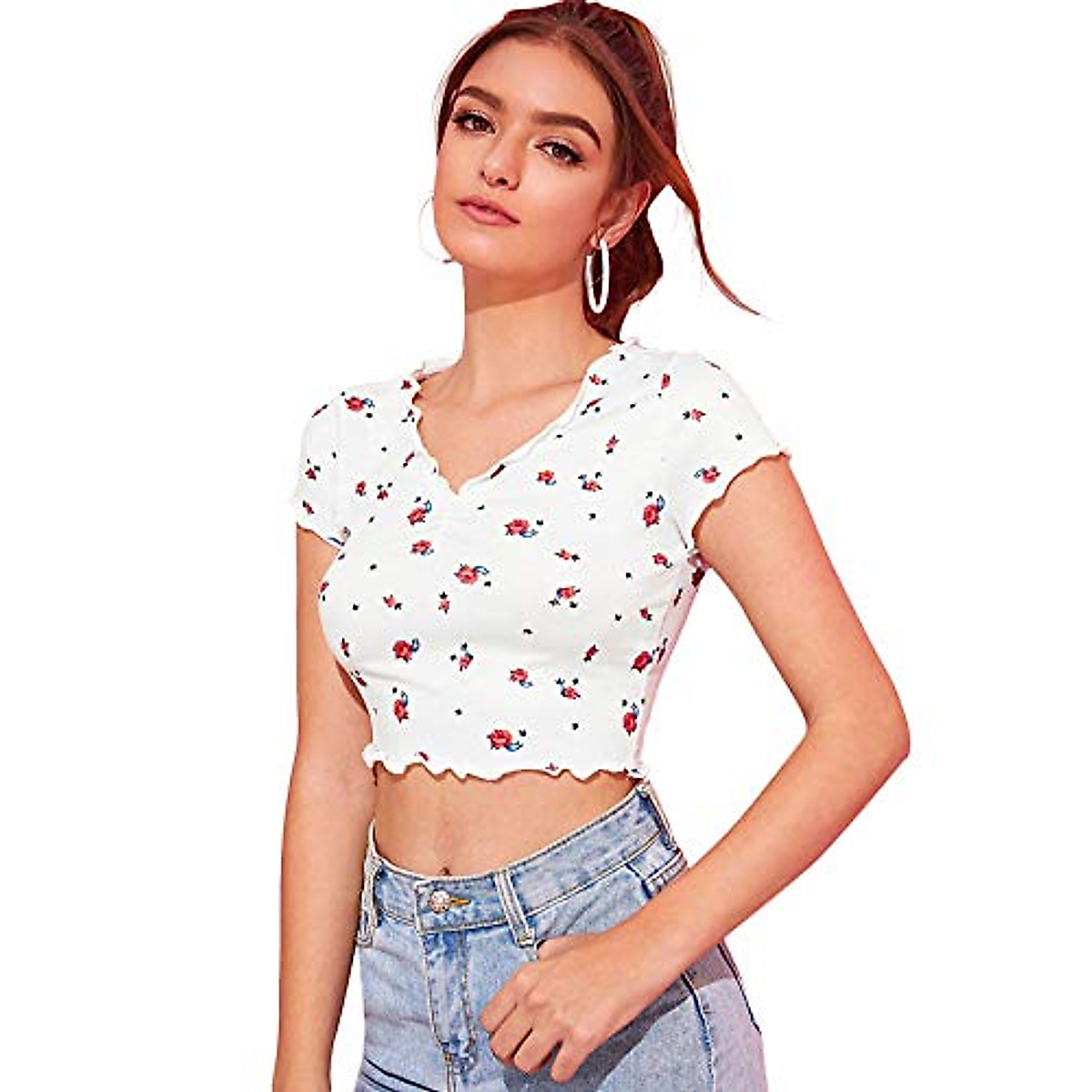 SweatyRocks Women's Basic Crop Top Short Sleeve Round Neck Tee T-Shirt (Small, White-1)