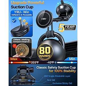 YRU [2024 Upgraded] Magnetic Phone Holder for Car【Patented & Super Magnet】 for MagSafe Car Mount Dashboard Magnet Phone Holder Windshield Phone Stand for iPhone 15 14 13 12 Pro Max Samsung, Black