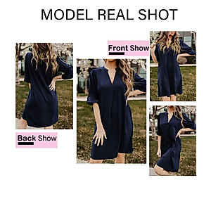 QACOHU Summer Dresses for Women 2025 Ruffle Sleeves Split V-Neck Straight Fit Solid Color Slim Dress Blue M