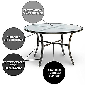 Garden Elements Bellevue Aluminum Rim 40" Round Glass Top Dining Table, Dark Taupe