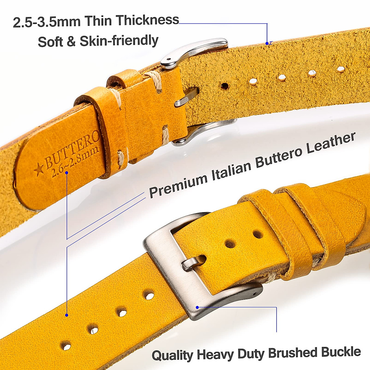 torbollo 20mm Leather Watch Bands for Men, Italian Buttero leather Watch Strap Quick Release Vintage Replacement Wrap Yellow