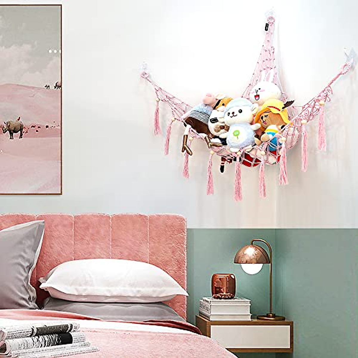 Stuffed Animal Toy Hammock Corner Hammock Organizer Display Rack Bohemian Net Bag For Hanging Toys Hanging Stuffed Animal Organizer Corner Toy Storage Rack Stuffed Animal Net Tassel 44 In (Pink)