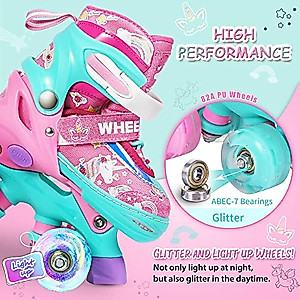Wheelkids Roller Skates for Girls Ages 10-12, Pink Unicorn Adjustable Rollerskates Youth Beginners 4 Sizes with Light Up Wheels