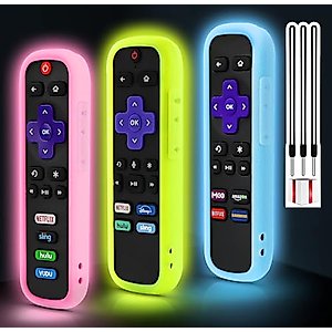 3 Pack Remote Cover for Roku, The Remote Case Compatible with Roku Voice Remote Official, Silicone Universal Protective Controller Sleeve for Roku TV Remote Glow in The Dark Yellow Blue Pink