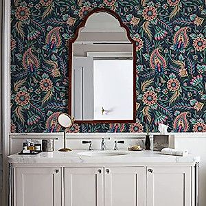 JiffDiff Floral Wallpaper Peel and Stick Vintage Wallpaper Paisley 17.3"x118" Navy Dark Blue/Pink Wallpaper Self Adhesive Contact Paper for Home Bedroom Cabinets Renter Friendly Wallpaper