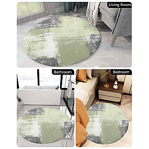 Modern Sage Green Fluffy Round Area Rug Carpets 5ft, Plush Shaggy Carpet Soft Circular Rugs, Non-Slip Fuzzy Accent Floor Mat for Living Room Bedroom Nursery Home Decor Abstract Grey White Painted Art