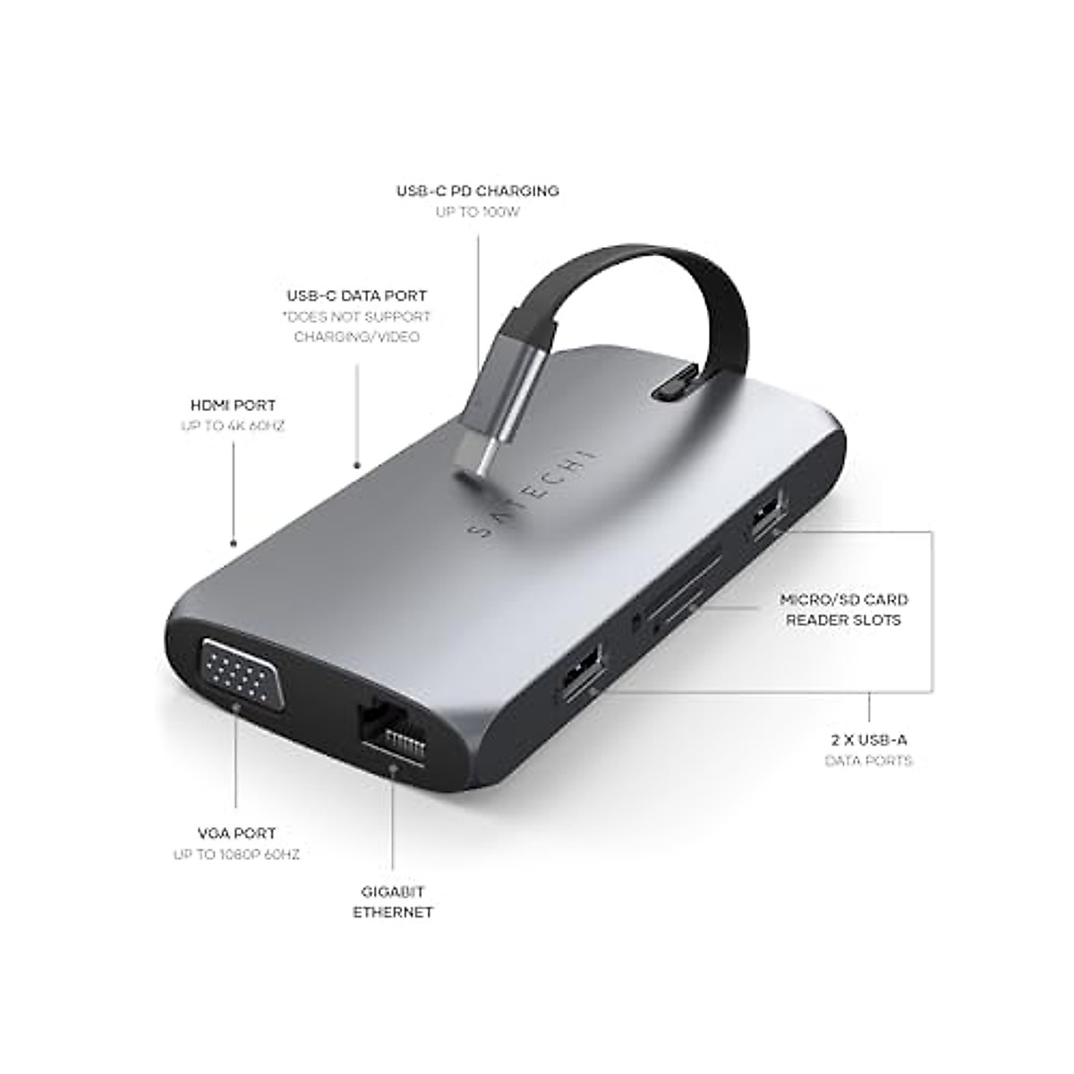 Satechi USB C Hub Multiport Adapter, USB C Docking Station 9 in 1, 4K HDMI, 100W USB C PD Charging, USB C Data, 2 USB-A, GbE, Micro/SD Card Readers, VGA, for MacBook, Windows - Space Gray