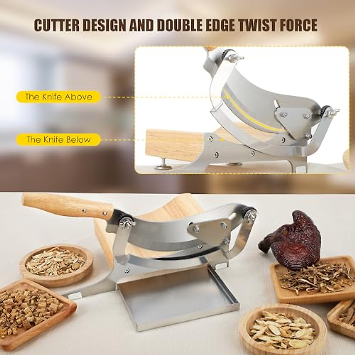 CGOLDENWALL 2 Blades Chinese Medicine Slicer Manual Radiused Biltong Slicer, with Magnetic Stainless Steel Tray, for Chinese Herbs, Biltong, Beef Jerky, Hard Fruits and Vegetables, Nougat