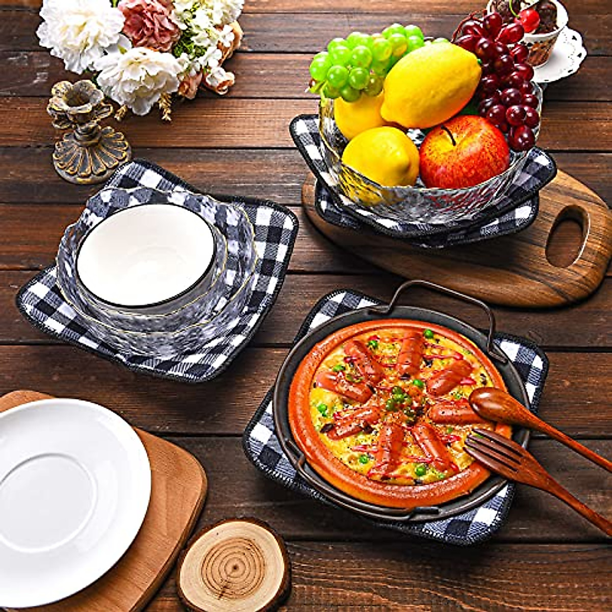 4 Pieces Buffalo Plaid Bowl holders Sponge and Microfiber Small Bowls Holder Bowl Potholders for Microwave Bowl Food Warmer for Home Kitchen and Hot Bowl Holder (Black, White)