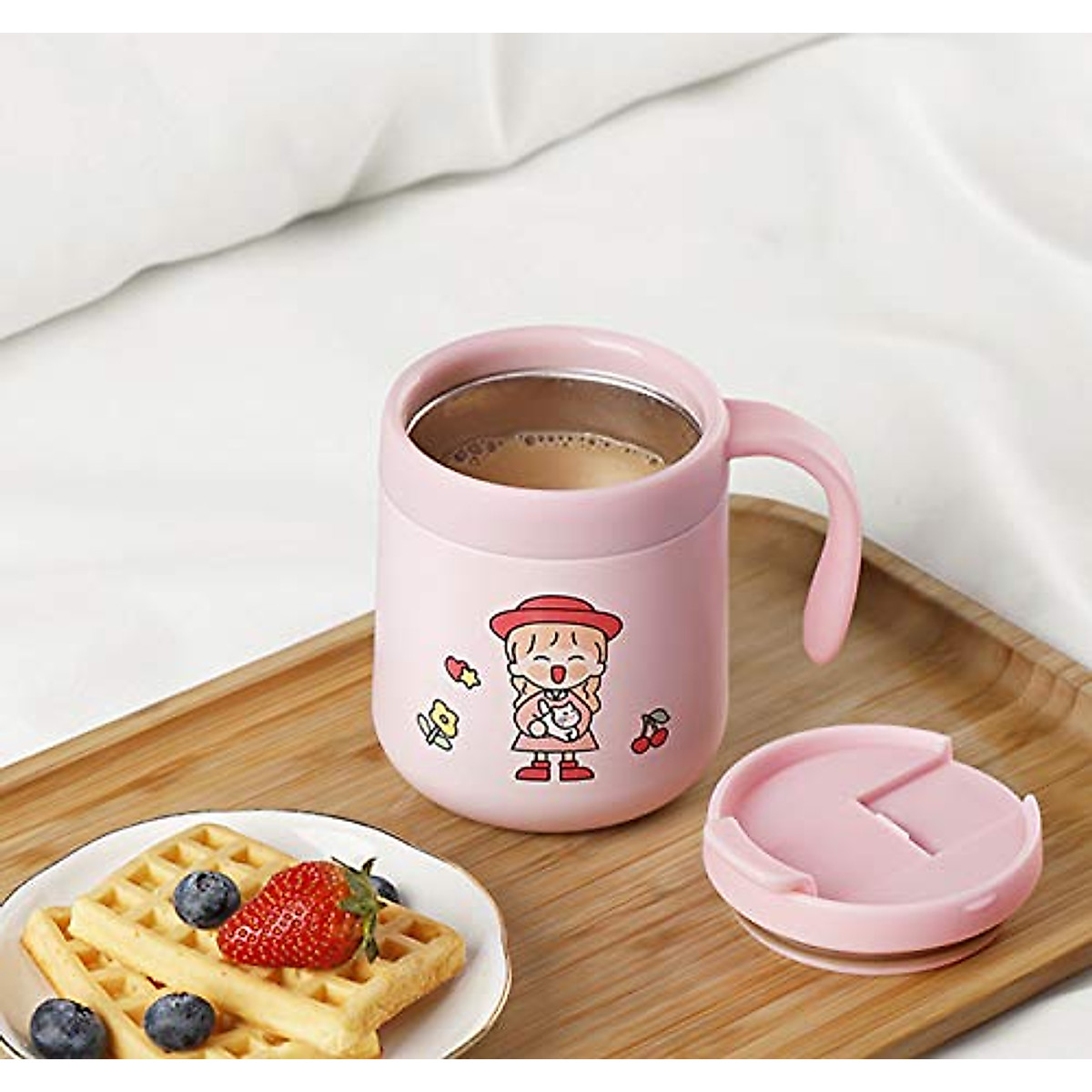 H-Jia 12oz Cute Coffee Mug with Handle, Double Wall Vacuum Insulated Stainless Steel Travel Mug with Lid (Pink)