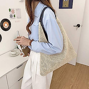QTKJ Hand-woven Straw Shoulder Bag Boho Black Leather Top Handle Tote Retro Summer Beach Bag Holiday Travel Handbag (White)